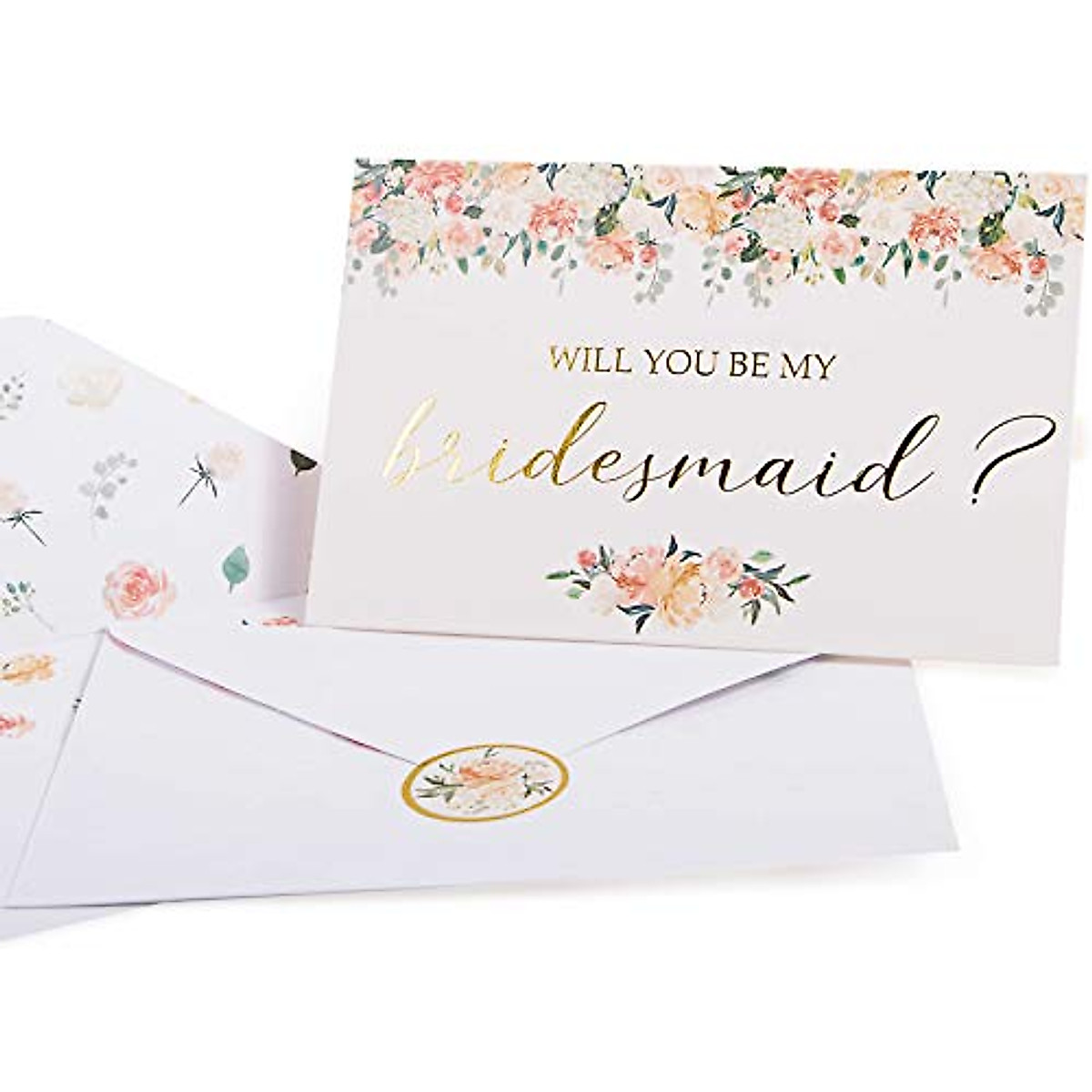 Bridesmaid Proposal Cards. Box set of 8 Will You Be My Bridesmaid and 2 Maid of Honor Cards. 4 x 6 Floral Cards with Gold Foil Ideal for Bridal Party or to go with Bridesmaid Gifts