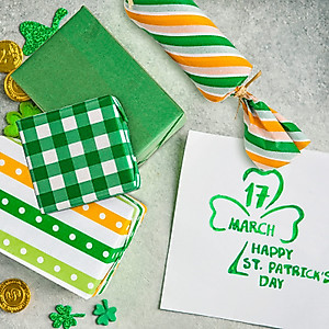 Whaline 90 Sheet St. Patrick's Day Tissue Paper Shamrock Green Orange White Stripe Plaids Art Tissue Paper 6 Design Irish Spring Holiday Wrapping Paper for Gift Packing DIY Crafts, 13.8 x 19.7in