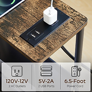 YATINEY Narrow End Table with Charging Station, Slim Side Table with Storage, Skinny End Table with Magazine Holder, Narrow End Table, Nightstand for Bedroom, Living Room, Rustic Brown ET05BR