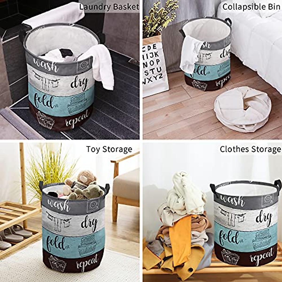 Laundry Room Large Laundry Basket,Collapsible Bag with Easy Carry Handles,Bathroom Dry Wash Fold Repeat Grey Blue White Brown Farmhouse Wood Waterproof Foldable Freestanding Hamper,Folding Storage