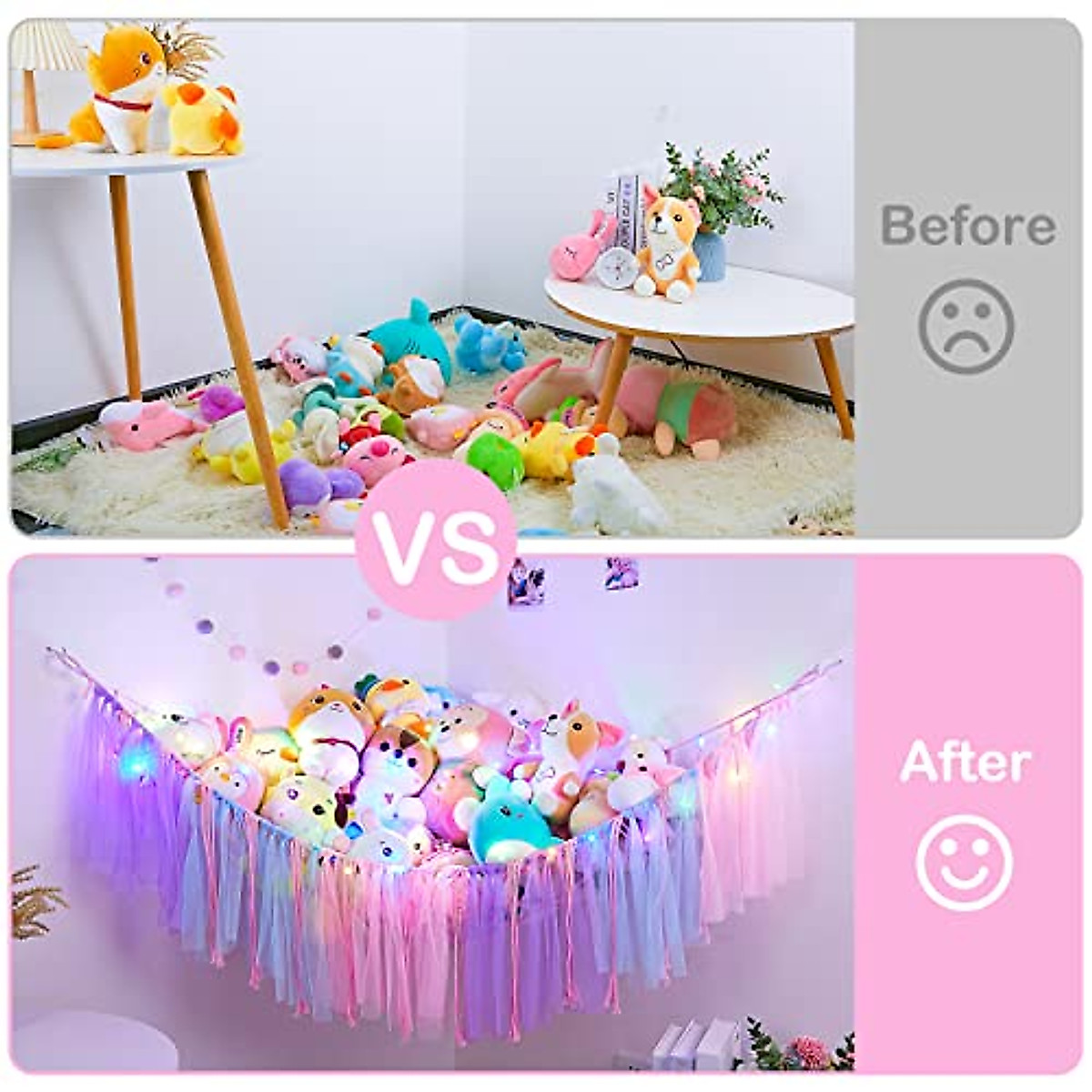 Unicorn Castle Stuffed Animals Hammock Net Kids Toy Storage With Led Light Stuffed Animals Holder Coner Hanging Toy Organizer For Nursery Kids Cute Room Decor