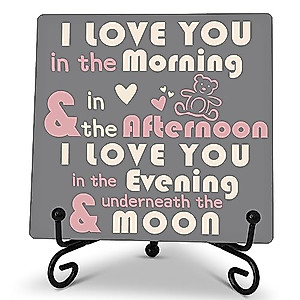Nursery Wooden Sign With Metal Easel Stand, I Love You In The Morning Wood Plaque Bear Themed, Gray and Pink Nursery Decorations Gifts for Home Bedroom Girls Room Tabletop-B17