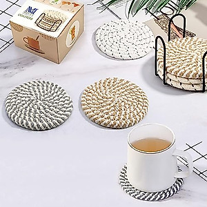 MeltsetM Coasters for Drinks Absorbent Woven Coaster Set with Holder Farmhouse Cute Cloth Fabric Cup Coasters for Coffee Table Office Desk, Handmade Boho Decor Tabletop Protection, 8 Pack