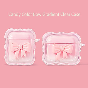 Cute AirPod Case with Keychain Pink Bow Clear Gradient Design Wavy Border Protective Soft Cover Compatiable with AirPods 1st & 2nd Generation for Women and Girls