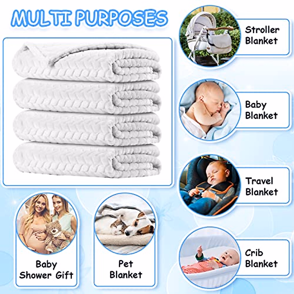 8 Pcs Baby Blanket Cozy Throw Blankets Fuzzy Baby Fleece Blankets Fluffy Warm Baby Crib Blanket for Unisex Newborn Infant Toddler Stroller Nursery Soft Receiving Swaddling Blankets, 24 x 32'' (White)