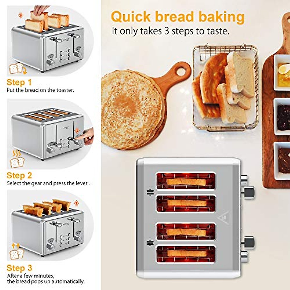Toaster 4 slice,whall Stainless Steel Toaster 6 Bread Shade Settings,Bagel/Defrost/Cancel Function with Dual Control Panels,Removable Crumb Tray,Extra Wide Slots,for Various Bread Types 1500W