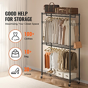 VEVOR Heavy Duty Clothes Rack, Rolling Clothing Garment Rack with 3 Storage Tiers, 2 Rods and 2 Pairs Side Hooks, Adjustable Height Clothing Rack Closet for Hanging Clothes, 400 Lbs Load Capacity