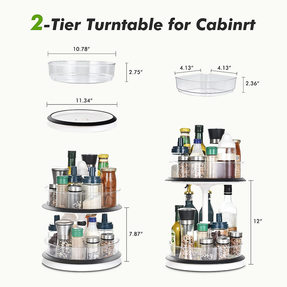 aceyoon 2 Tier Lazy Susan Organizer Spice Racks, 11'' Turntable Cabinet Organizer Height Adjustable with 3 Divided Bins for Kitchen Pantry Bathroom Makeup Organizing Container(Clear)