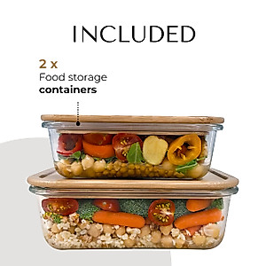 JS Gourmet 2 Pcs Glass Food Storage Containers with Bamboo Cutting Board and Airtight Lid, Ideal for Preparing and Storing Meals, Food, Fruits, Salad and more Ingredients (35oz and 51oz)