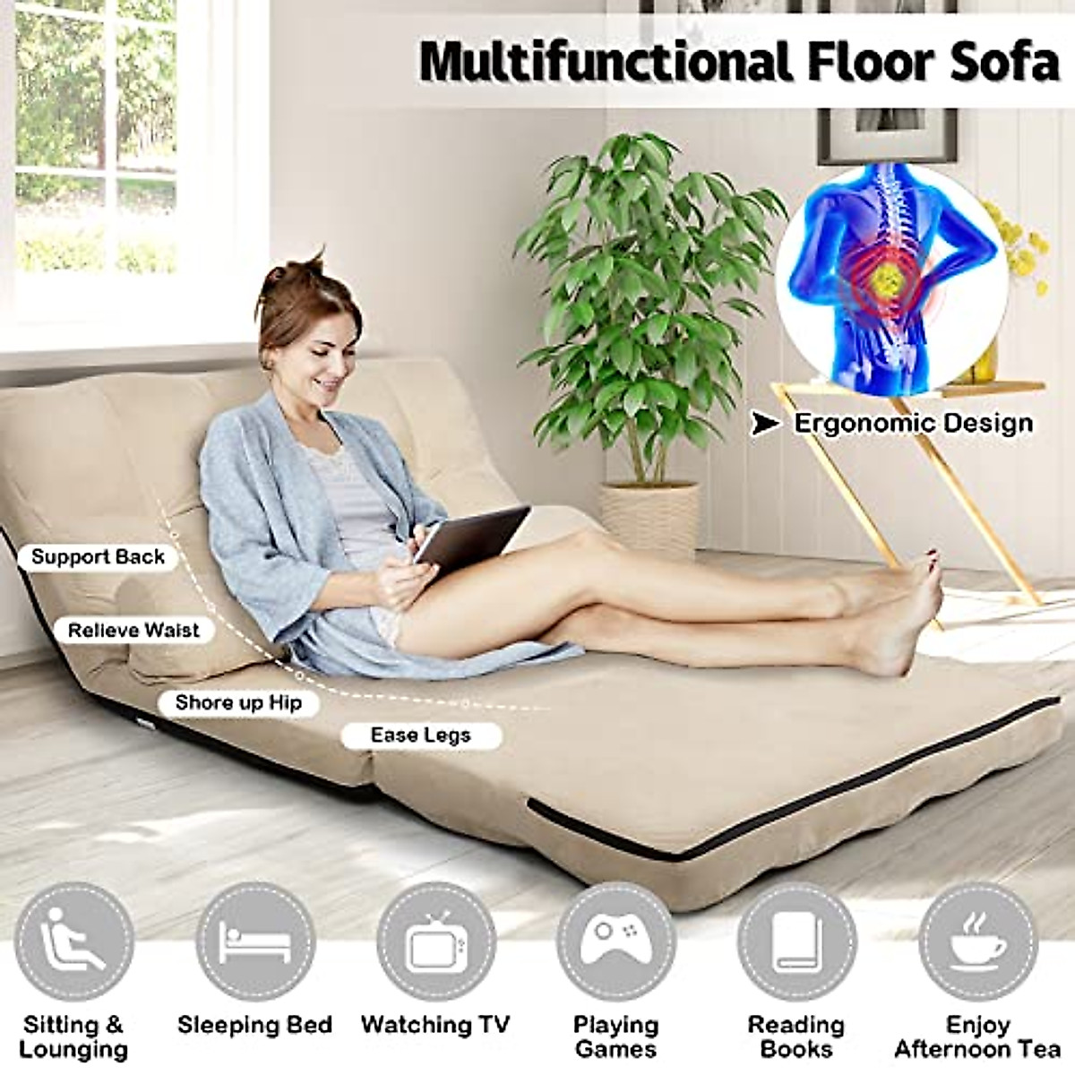 KOMFOTT Adjustable Floor Sofa Bed, Foldable Lazy Sofa Sleeper Bed with 6 Position Backrest & 2 Pillows, Convertible Futon Couch Bed with Suede Cloth Cover, Lounge Recliner for Living Room