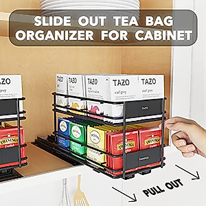 SpaceAid Pull Out Tea Bag Organizer Rack for Cabinet, Heavy Duty Slide Out Teabag Organizer for Kitchen Cabinets, with 70 Labels and Chalk Marker, 5.6"W x10.6"D x 6.6"H, 1 Drawer 2-Tier, Black