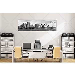 DJSYLIFE Sydney Skyline Wall Art Decor Canvas Print Black and White City Building Landscape Poster Australia Cityscape Modern Artwork Painting for Bedroom Office Home Decoration - 13.8" x 47.3"