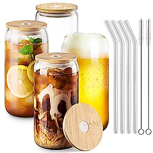 Combler Glass Cups with Lids and Straws, 16 oz Drinking Glasses Set of 4, Iced coffee Cup Coffee Bar Accessories Essentials, Glass Coffee Cups with Bamboo Lids and Glass Straws, House Warming Gifts
