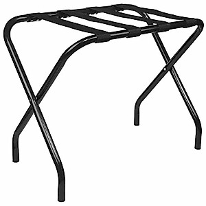 King's Brand Furniture-Black Metal Foldable Luggage Rack Stand with Nylon Belts