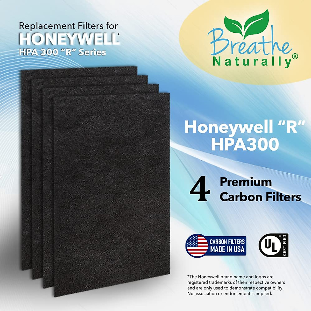 Breathe Naturally "R" Replacement Filters Compatible with Honeywell Air Purifier HPA300 or HRF-R3 Series - Activated Carbon Prefilter - Made in USA - 14"x17.2"x0.2" (Pack of 4 Carbon Prefilters)