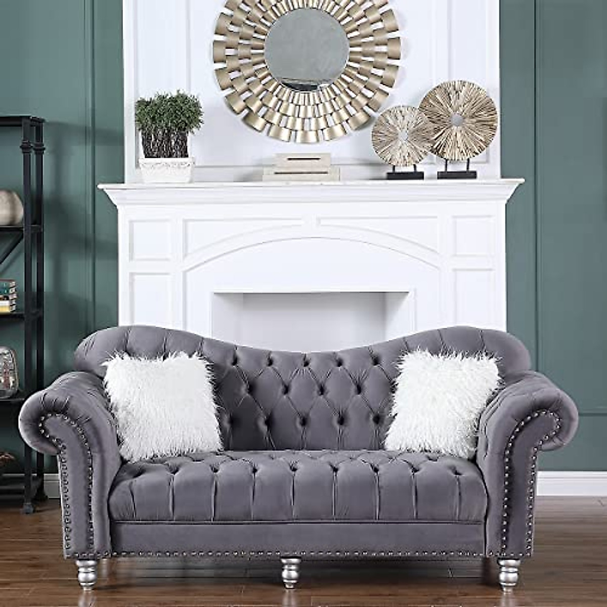 Morden Fort Chesterfield Sofa, Chair and Sofa for Living Room Furniture Sets, 2 Pieces Classic Velvet Tufted Couches, Grey