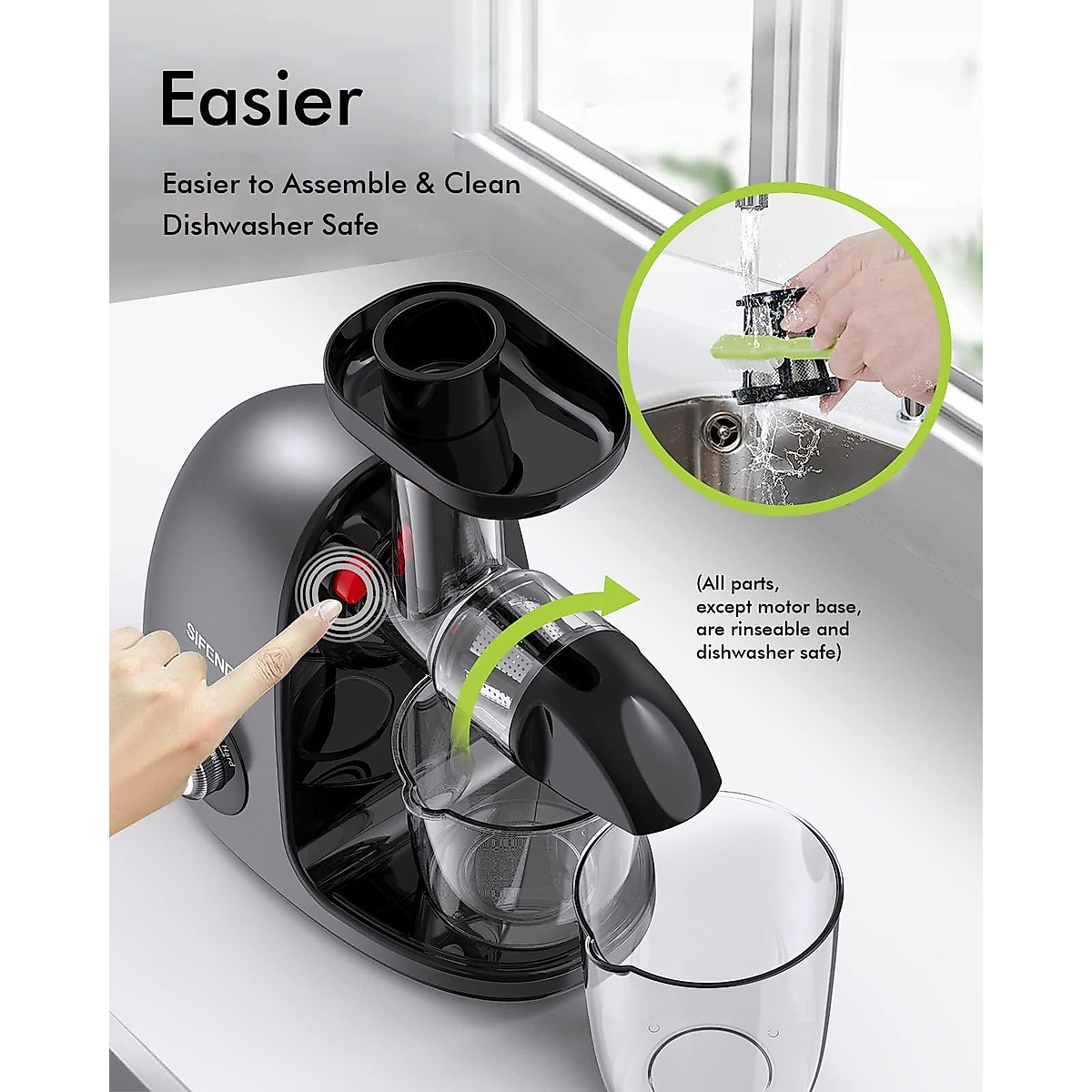 Slow Masticating Juicer Machines, SiFENE Cold Press Juicer for Fruit & Vegetable, 90% Juice Yield Maker Extractor with Soft/Hard Modes, Quiet Motor & Anti-Clog System, Easy to Clean