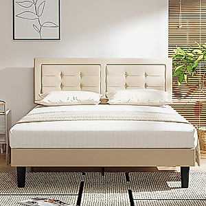 VECELO Queen Size Upholstered Bed Frame with Height Adjustable Fabric Headboard, Heavy-Duty Platform Bedframe/Mattress Foundation/Strong Wood Slat Support/No Box Spring Needed, Beige