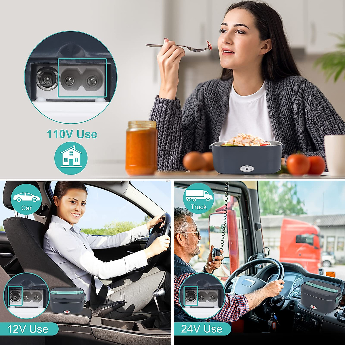 Samshow Electric Lunch Box,75W Heated Lunch Box Food Heater For Adult/Work/Car/Truck/Home, 12V 24V 110V lonchera electrica para el almuerzo, Designed With Sealing Cap To Leaking & Large Utensil