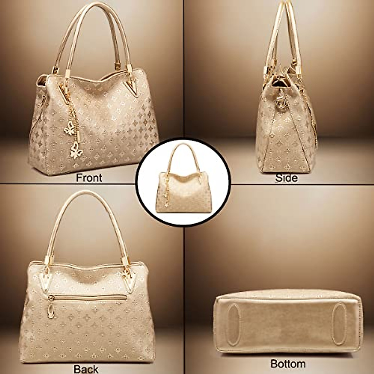 YOUNXSL Women Fashion Synthetic Leather Handbags Tote Bag Shoulder Bag Top Handle Satchel Purse with Pendant Set 4pcs Blue