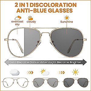 IBOANN Blue Light Blocking Glasses W/Photochromic Lens 3 Pack Round Fashion Retro Metal Gold Frame Eyewear-Anti 99.9% UV rays
