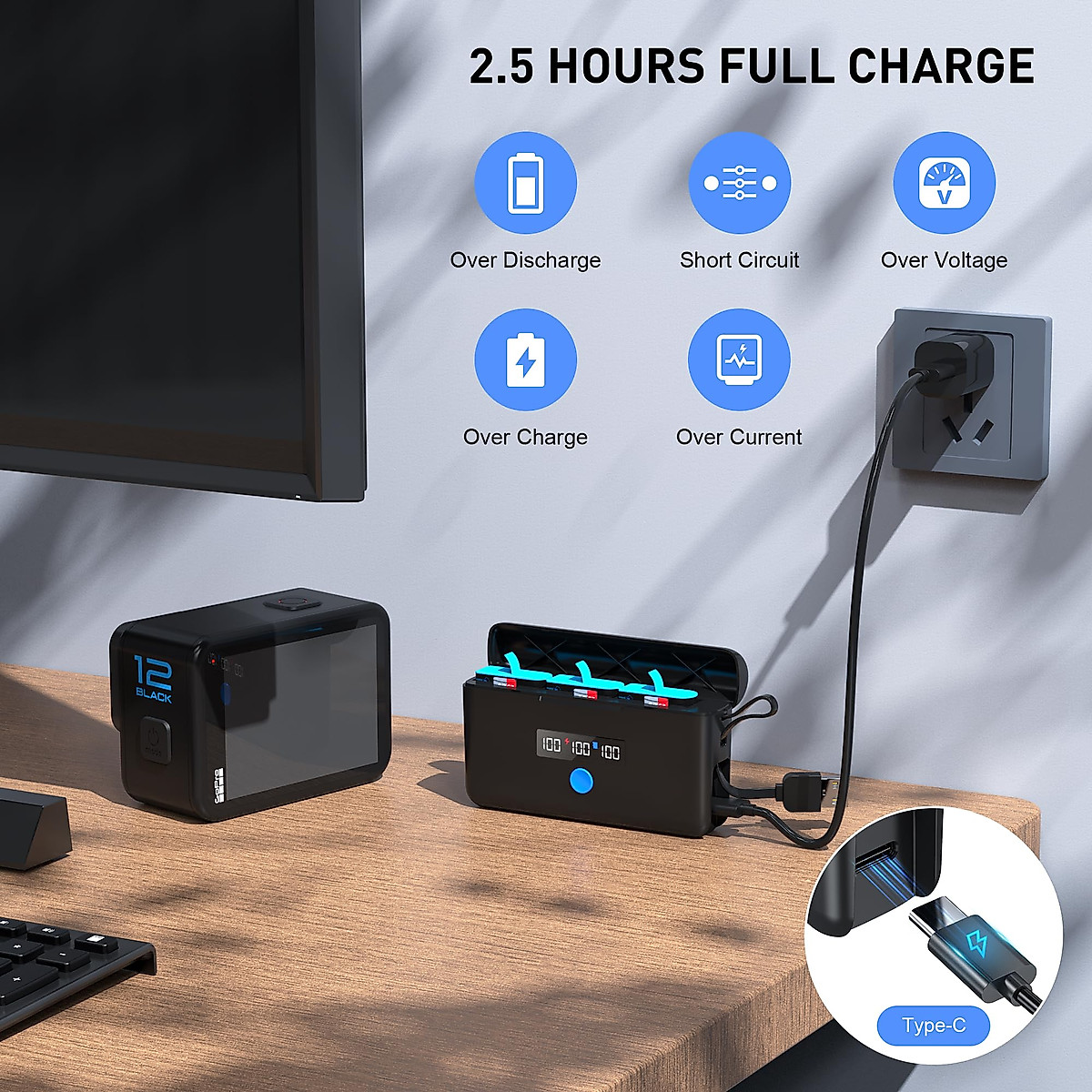 TOMSHEIR 2000mAh (3-Pack) Batteries for GoPro Hero 9/10/11/12 and 3-Channel Storage Charger Fully Compatible with Gopro Hero 5/6/7/8 9/10/11/12 Official Battery