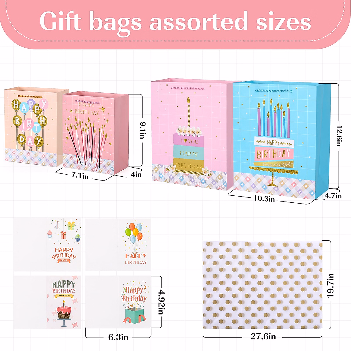 GonLei Birthday Gift Bag Assorted Sizes Happy Birthday Gift Bags for Kids Birthday Wrapping Paper Bags with Tissue Paper Card Handles for Girls Boys（4Bags 2Size: Medium 9” Large 12.6”）