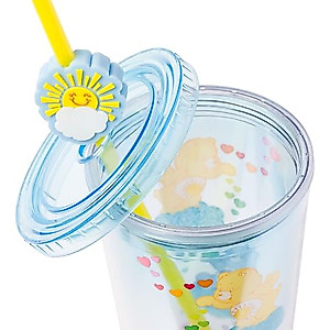Silver Buffalo Care Bears Featuring Funshine Bear, Grumpy Bear, and Love-a-Lot Bear Glitter Plastic Cold Cup with Lid and Straw Topper, 24 Ounces