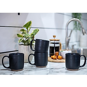 Elanze Designs Ribbed Ceramic Stoneware 16 ounce Raw Clay Bottom Coffee Mugs Set of 4, Black
