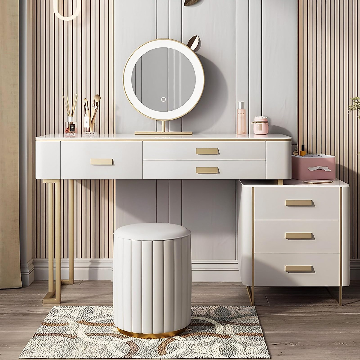 Luxury Makeup Vanity Desk with 6 Solid Wood Drawers, Freely Movable Side Cabinet, Marble Slate Desktop Dressing Table, Microfiber Leather Wrapped Vanity Stool - 39.4In White