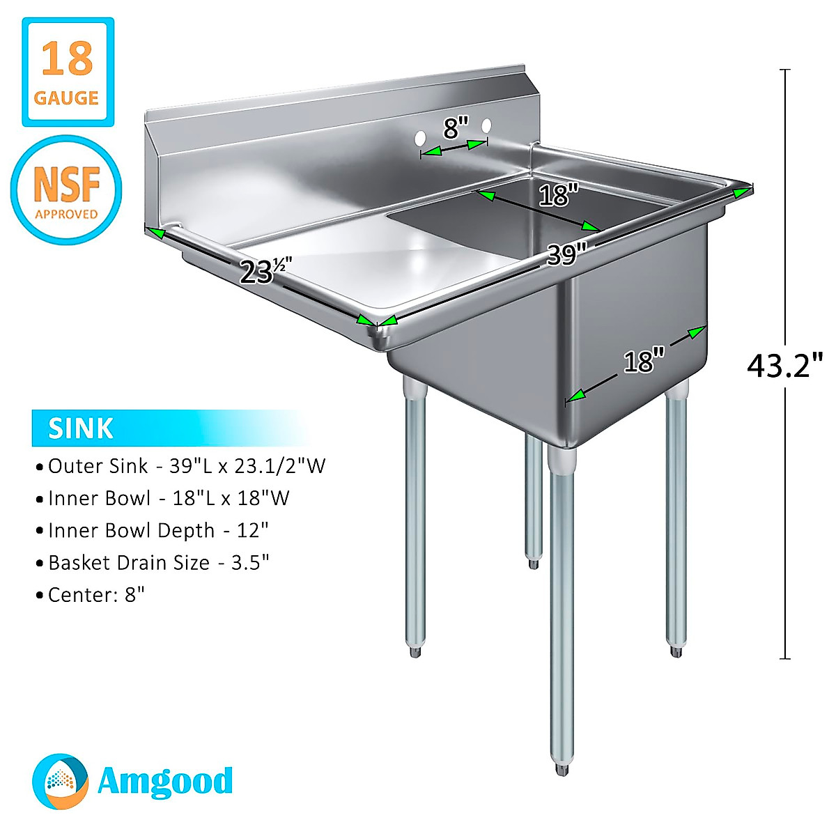 One Compartment Stainless Steel Commercial Kitchen Prep & Utility Sink with Left Drainboard | Bowl Size 18" x 18" X 12" | NSF