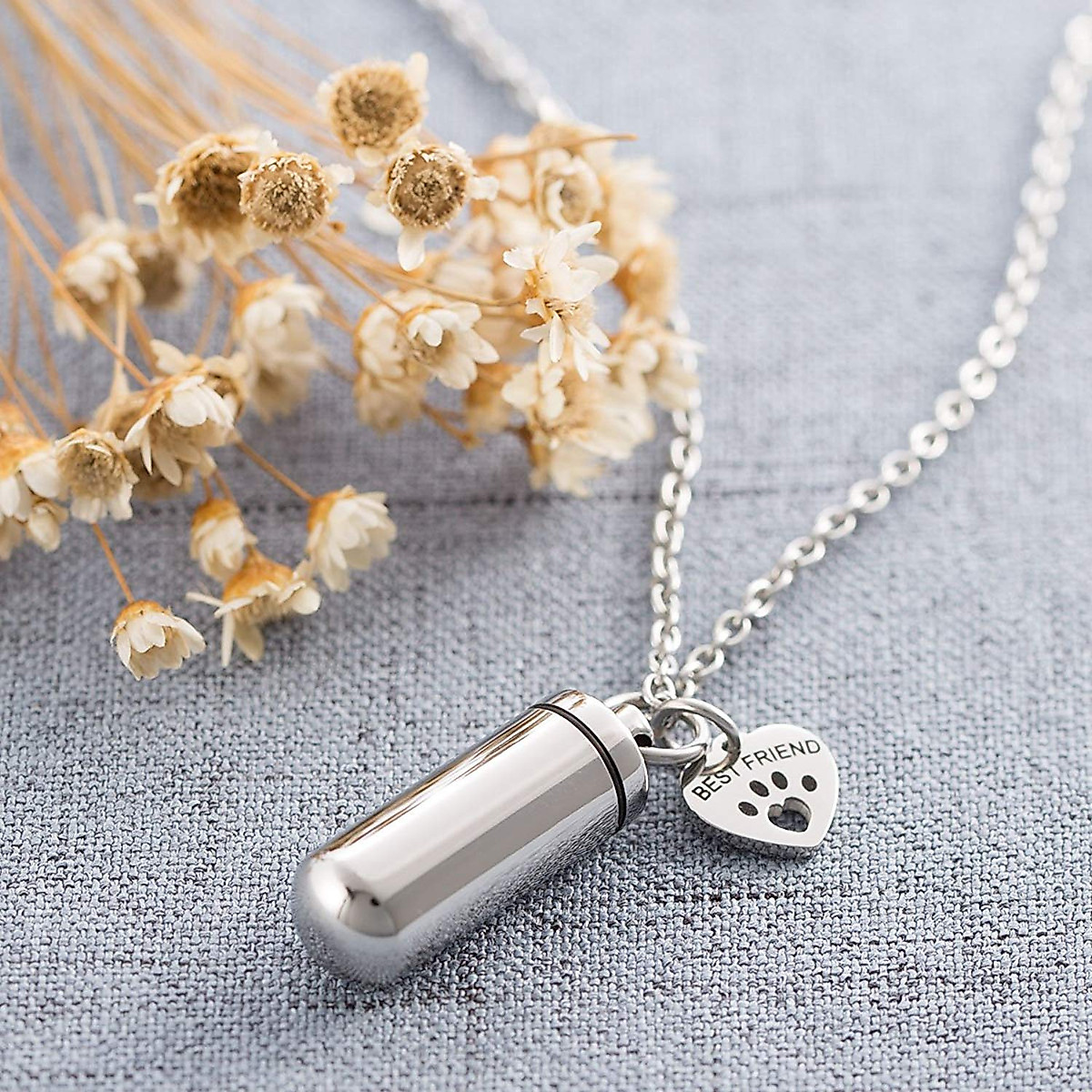TTVOVO Pet Cremation Urn Necklace for Ashes Memorial Keepsake Ashes Holder Urn Locket Best Friend Dog Paw Urn Cylinder Necklace with Angel Wing Charm Pendant Necklace for Men Women Remembrance Jewelry