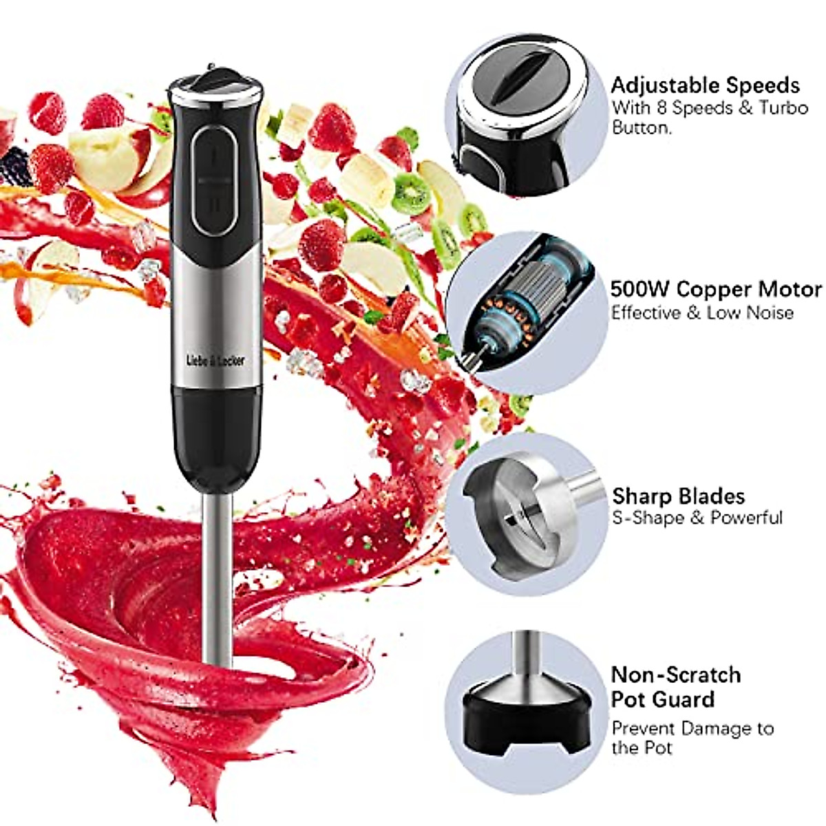 Liebe&Lecker Immersion Blender Handheld, 9-Speed Electric Hand Blender with Whisk, Milk Frother Attachments, 304 Stainless Steel emulsion blender with 500W Powerful Motor for Baby Food, Smoothies and more.