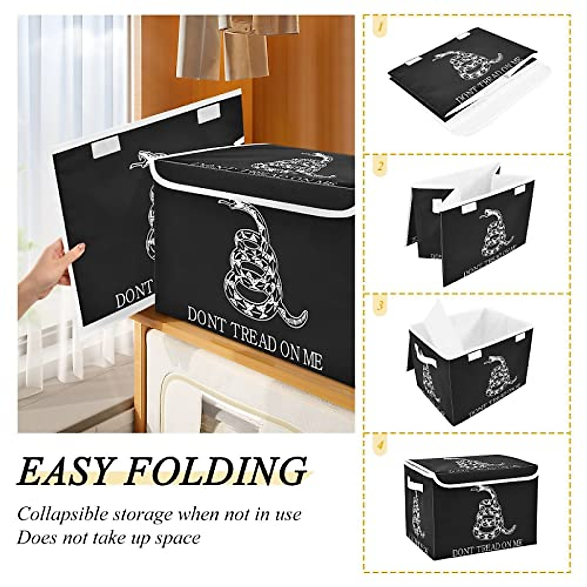 Krafig Novelty Gadsden Flag Rattlesnake Black Foldable Storage Box Large Cube Organizer Bins Containers Baskets with Lids Handles for Closet Organization, Shelves, Clothes, Toys