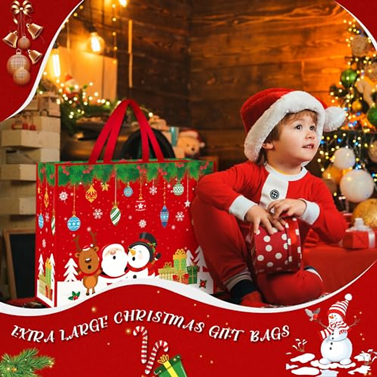 Aliceset 6 Pcs Extra Large Christmas Gift Bags 22 x 17 Inch Reusable Non Woven Jumbo Tote with Handle for Xmas Gift Wrapping(Cute)