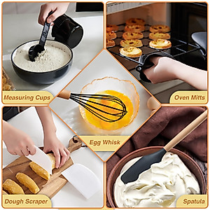 40 Pcs Cooking Utensils Set with Apron Silicone Turner Tong Spatula Spoon Kitchenware Organizer, BPA Free, Non-stick Heat Resistant Kitchen Gadgets Cookware with Natural Wooden Handle, Black