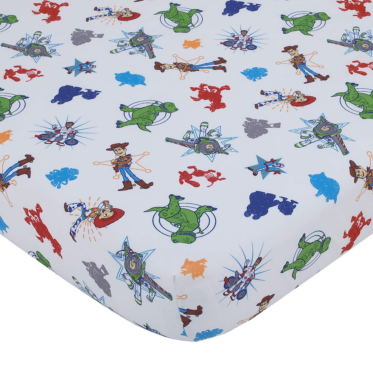 Disney Toy Story 4 - Blue, Green, Red & White 2 Pack Toddler Fitted Crib Sheet & Standard Size Pillowcase Set, Blue, Green, Red, White