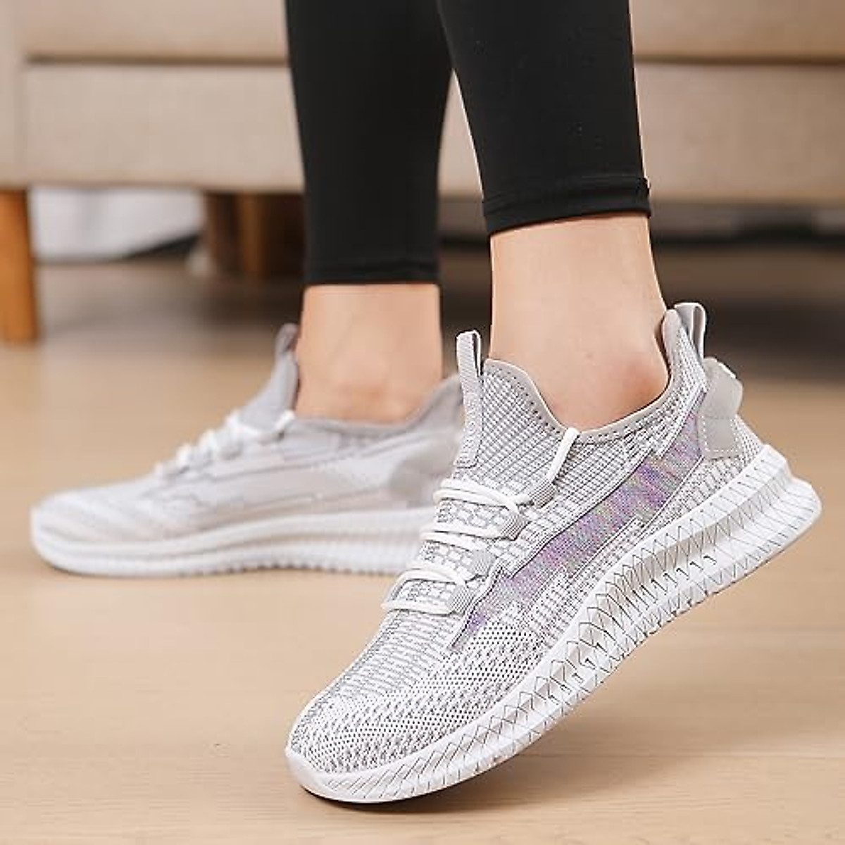 Copulan Womens Slip On Walking Shoes Non Slip Running Shoes Breathable Workout Shoes Lightweight Gym Sneakers Grey