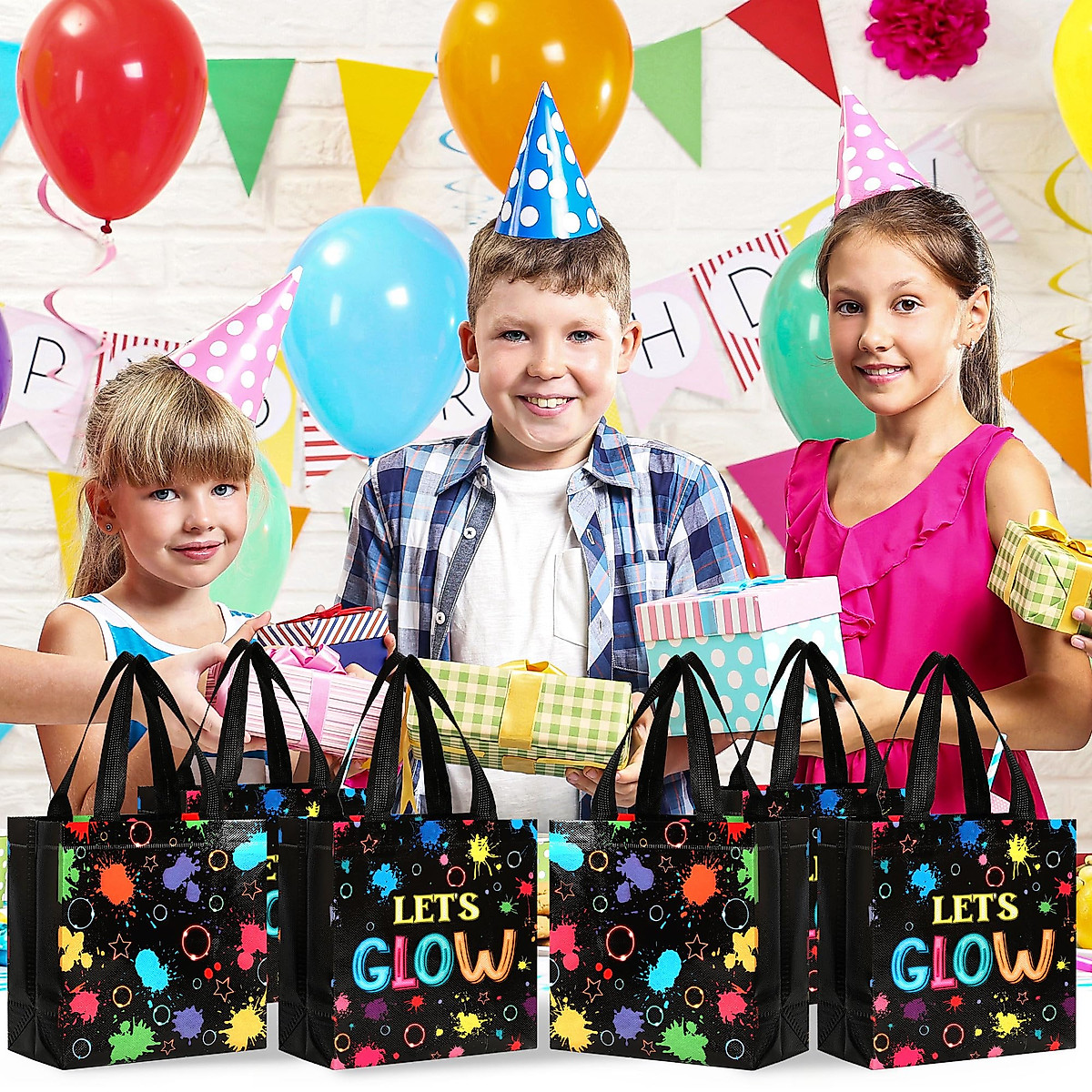 Latwerd 24Pack Glow in the Dark Party Gift Bag Canvas Bag Eco-friendly Reusable Shopping Bag Candy Gift Bag Suitable for Birthday Party Gift Storage Bag