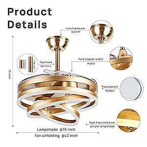 Minfeng Retractable Ceiling Fan with Lights and Remote Control, 42 Inch Farmhouse Ceiling Fans for Bedroom, Living Room, Study, Patio, (Gold)