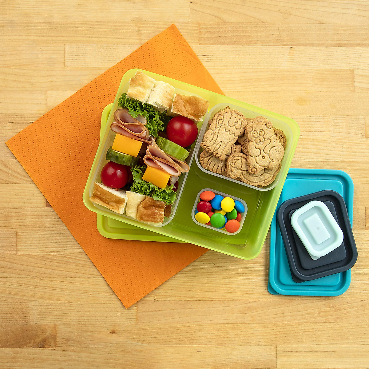 Bentology Snack Buddies - Mini Bento Snack Lunch Box w 4 Portion Control Meal Containers and Lids - BPA, PVC Free, Food Safe – On-the-Go lunchbox - Lime