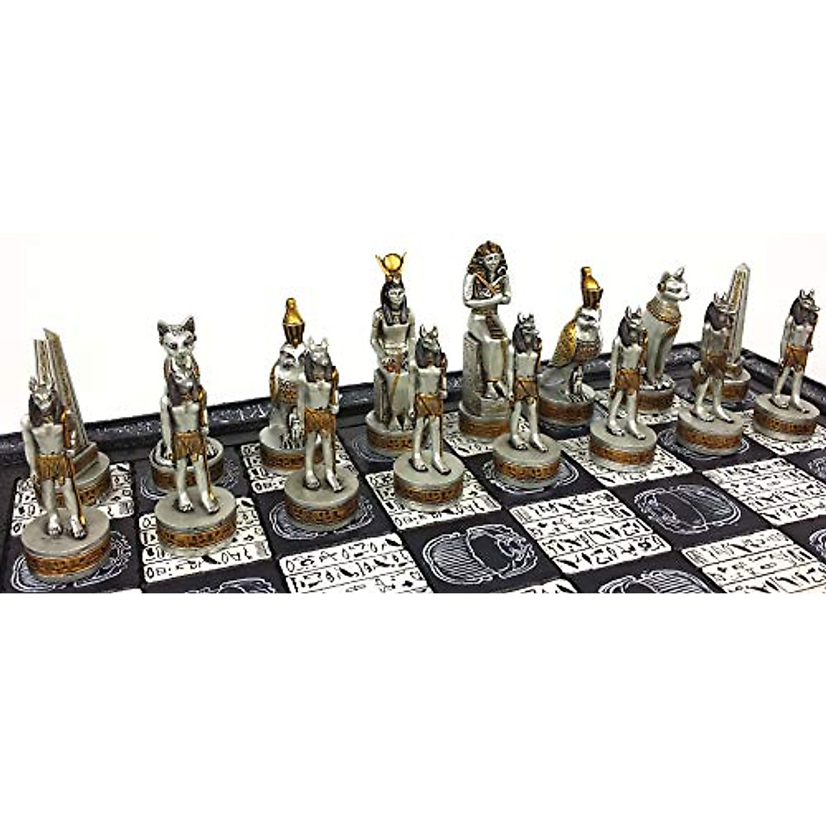 Egyptian Anubis Chess Set Black Silver and Gold Men with 16" Hieroglyphic Board