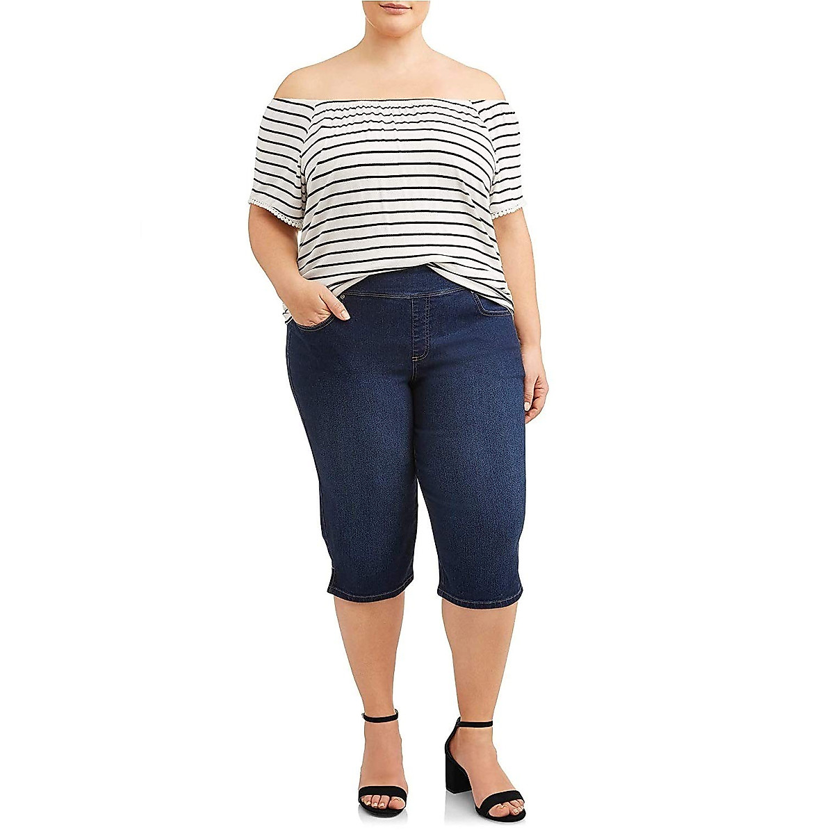 1826 Jeans Jack David Women's Plus Size Cuff Rolled Capri Bermuda Short Curvy Denim Jean (1X, Level Eight Pull On Dark Blue Capri)