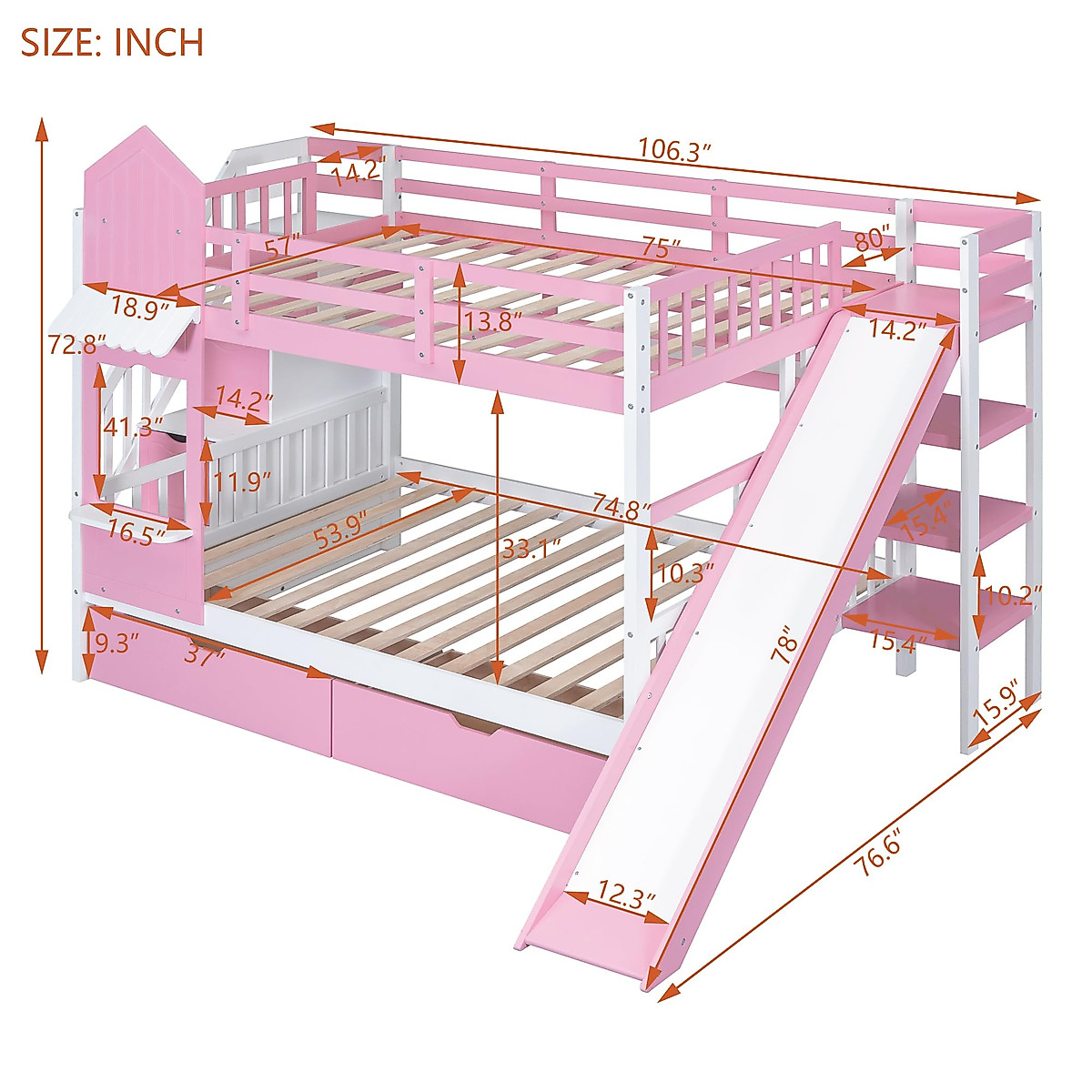 Harper & Bright Designs Full Over Full Bunk Bed with Stairs and Slide, Solid Wood Bunk Bed Frame with Storage Drawers and Bookshelf, for Kids Teens Girls Boys (Pink)