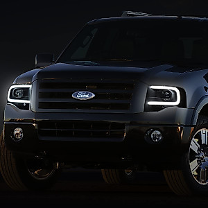 Auto Dynasty Halogen Model 3D LED DRL Projector Headlights Assembly Compatible with Ford Expedition 07-14, Driver and Passenger Side, Black Housing Amber Corner