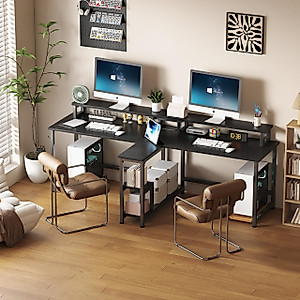 MUTUN Two Person Desk, 83.7 Inch Computer Office Double Desk with Monitor Stand and Power Outlets, Rustic Writing Desk Workstation with Shelves, Long Desk for Home Office, Black