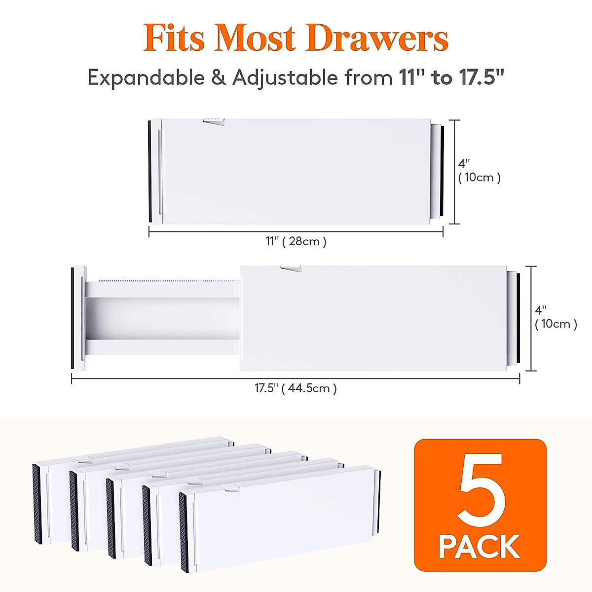 Lifewit Silverware Drawer Organizer, Expandable Utensil Tray for Kitchen, 5 Pack Drawer Dividers Plastic 4" High, 11-17" Adjustable Drawer Organizers