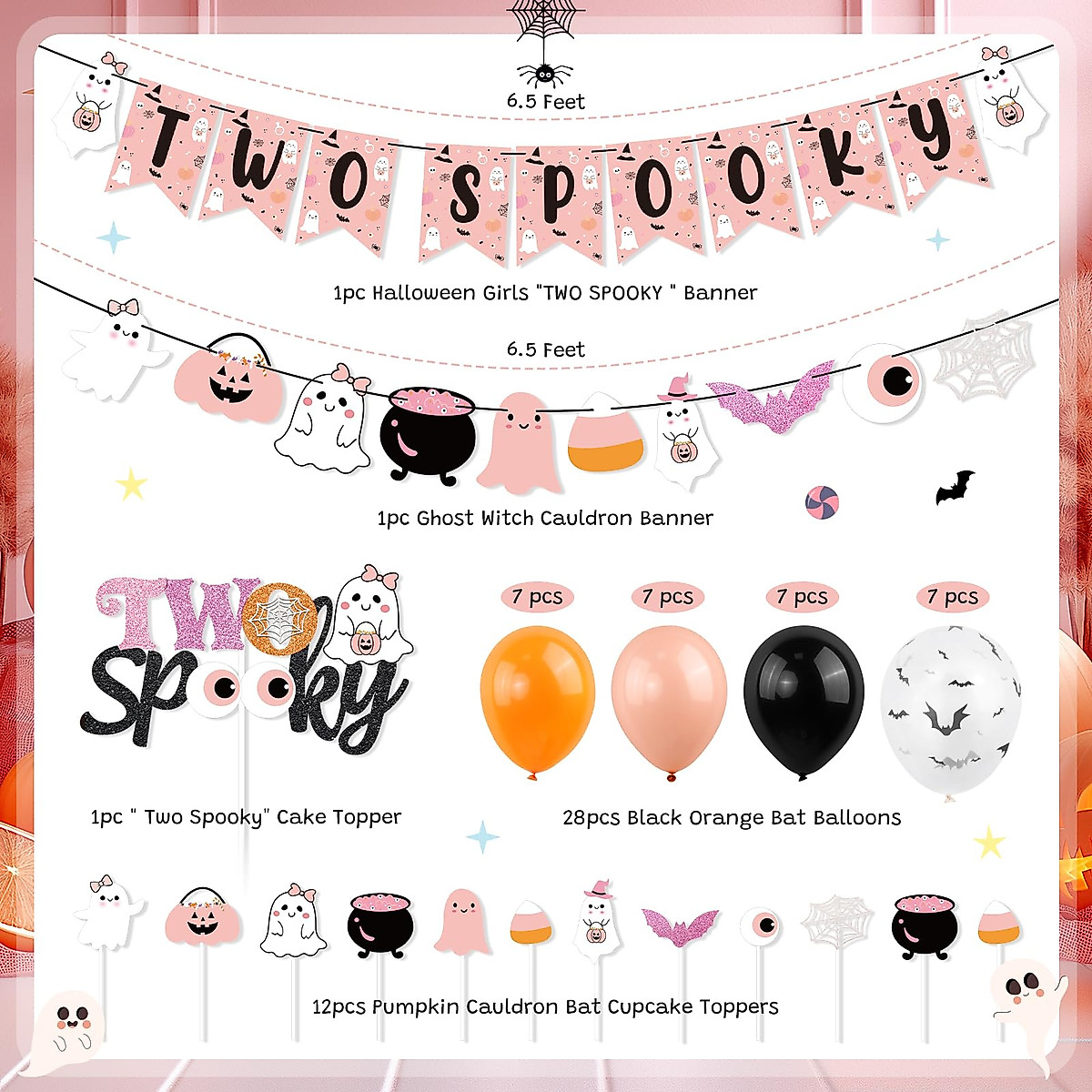 Girls Halloween 2nd Birthday Party Decor, Halloween Two Spooky Banner Cute Ghost Cake Topper Balloons for Halloween Theme Little Boo Second Birthday Happy Boo Day Boo Im Two Baby Shower Party Supplies