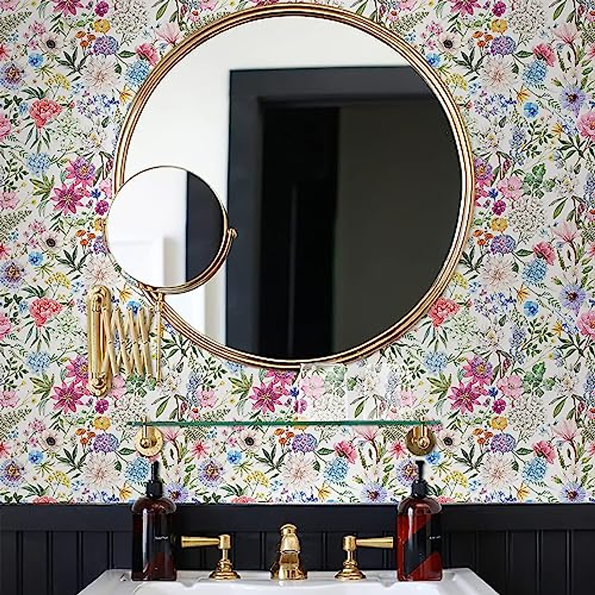 MuralPeel Boho Pink/White Colorful Flowers Floral Botanical Plants Peel and Stick Wallpaper Easy Peel Off Vintage Self Adhesive Removable Wall Paper for Kitchen Cabinet Furniture Renter Friendly