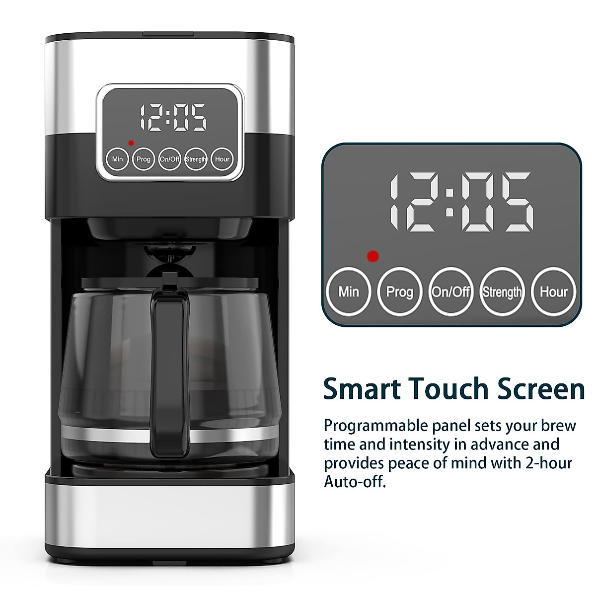 Gardcare 10-Cup Coffee Maker with Smart Touch Screen, 24-hour Programmable Coffee Machine, Stainless Steel Glass Carafe Pot with Brew Strength Control, Automatic Anti-Drip System, Black